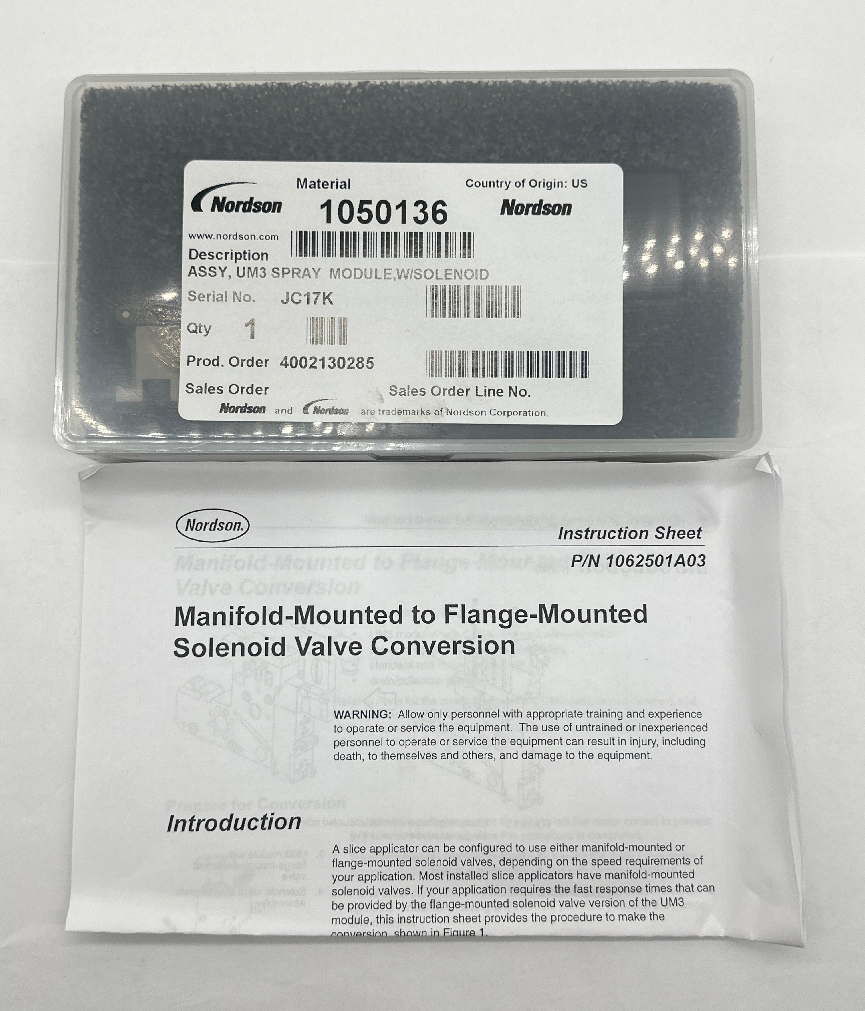 Nordson 1050136 Hot Melt UM3 Spray Module W/Solenoid Valve