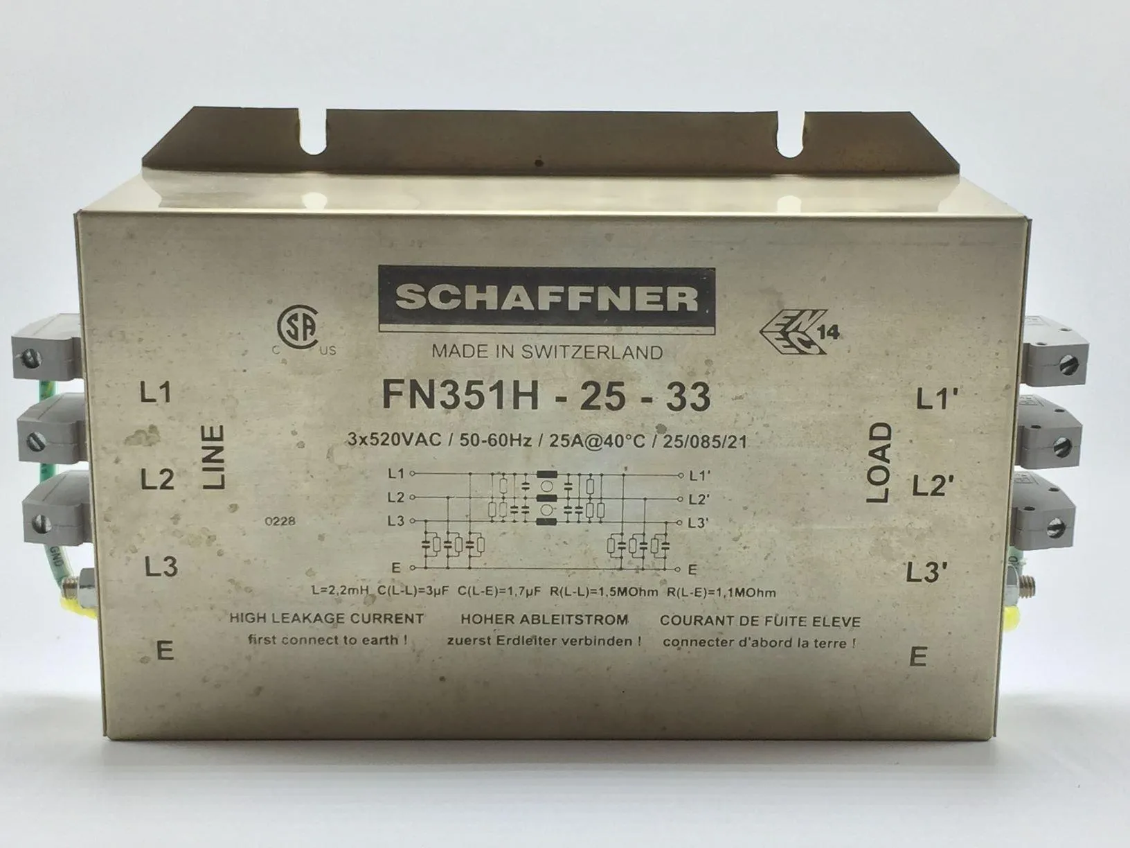 SCHAFFNER FN351H-25-33 3 PHASE EMC FILTER 24A/520VAC (TESTED)