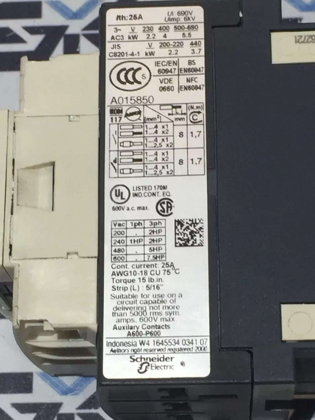 Telemecanique LC1D09 Motor Starter 600V 25A 24VDC Coil W/LAD4TBDL Auxiliary