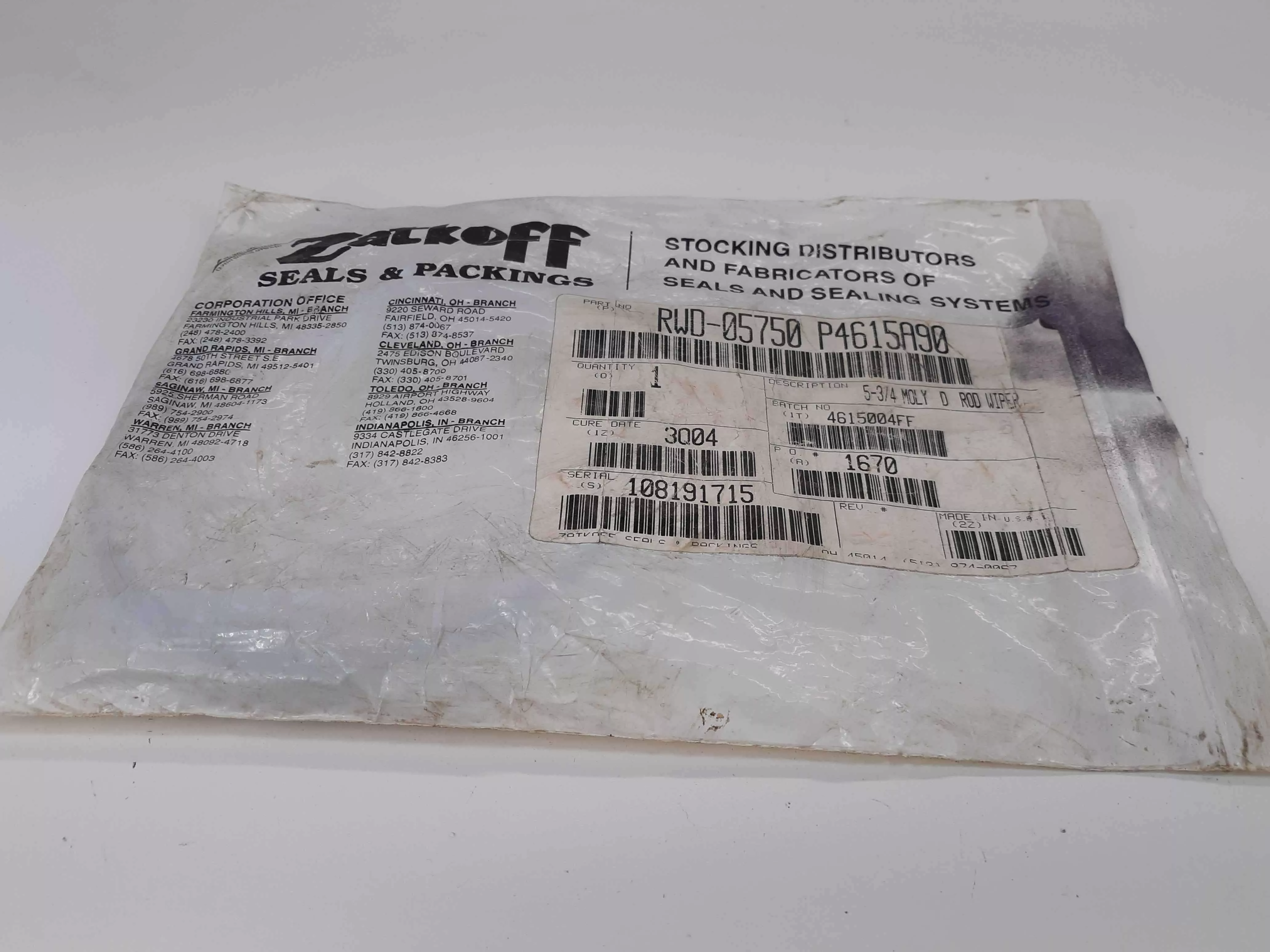 Zatkoff RWD-05750 P4615A90 5-3/4 Moly D Rod Wiper Seal