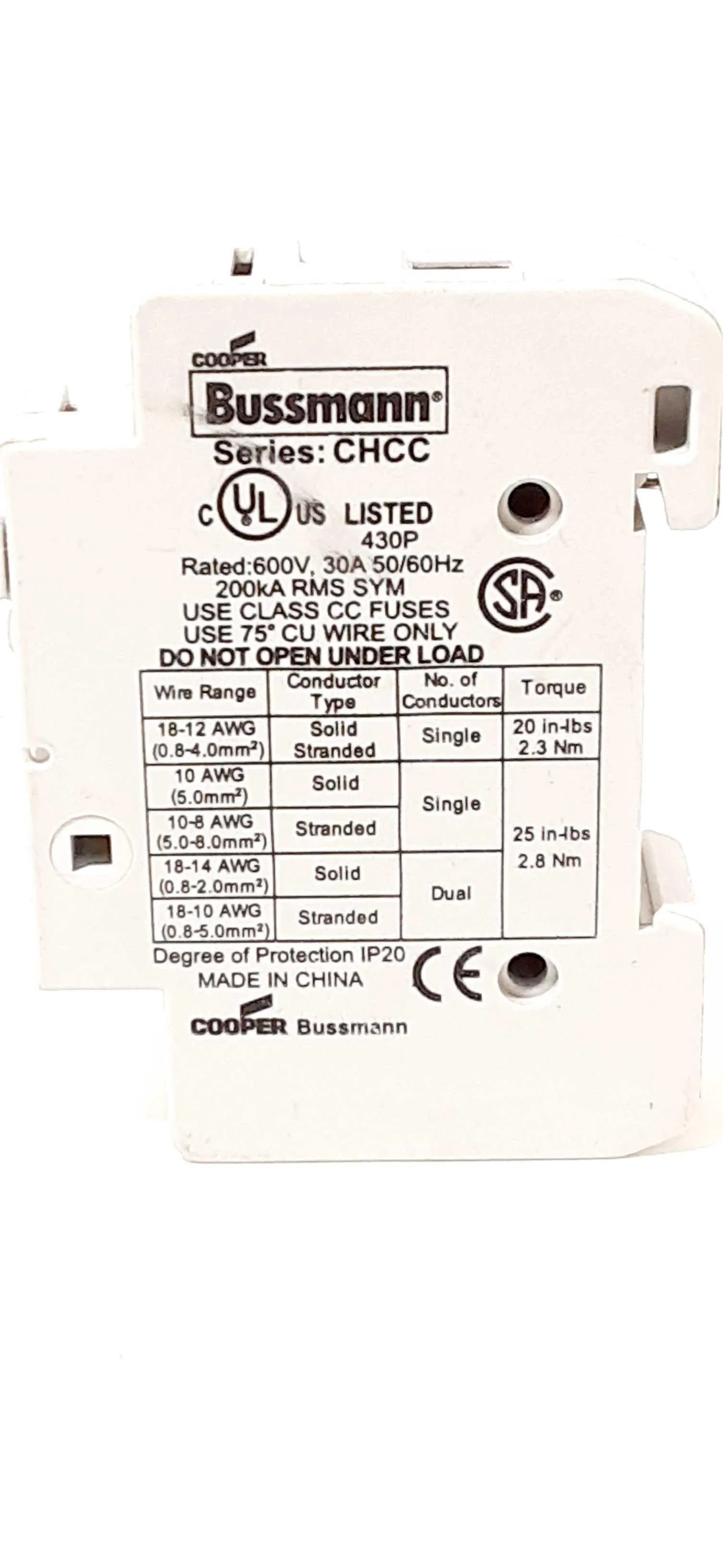 Bussmann CHCC Class CC Fuse Block 600V 30A