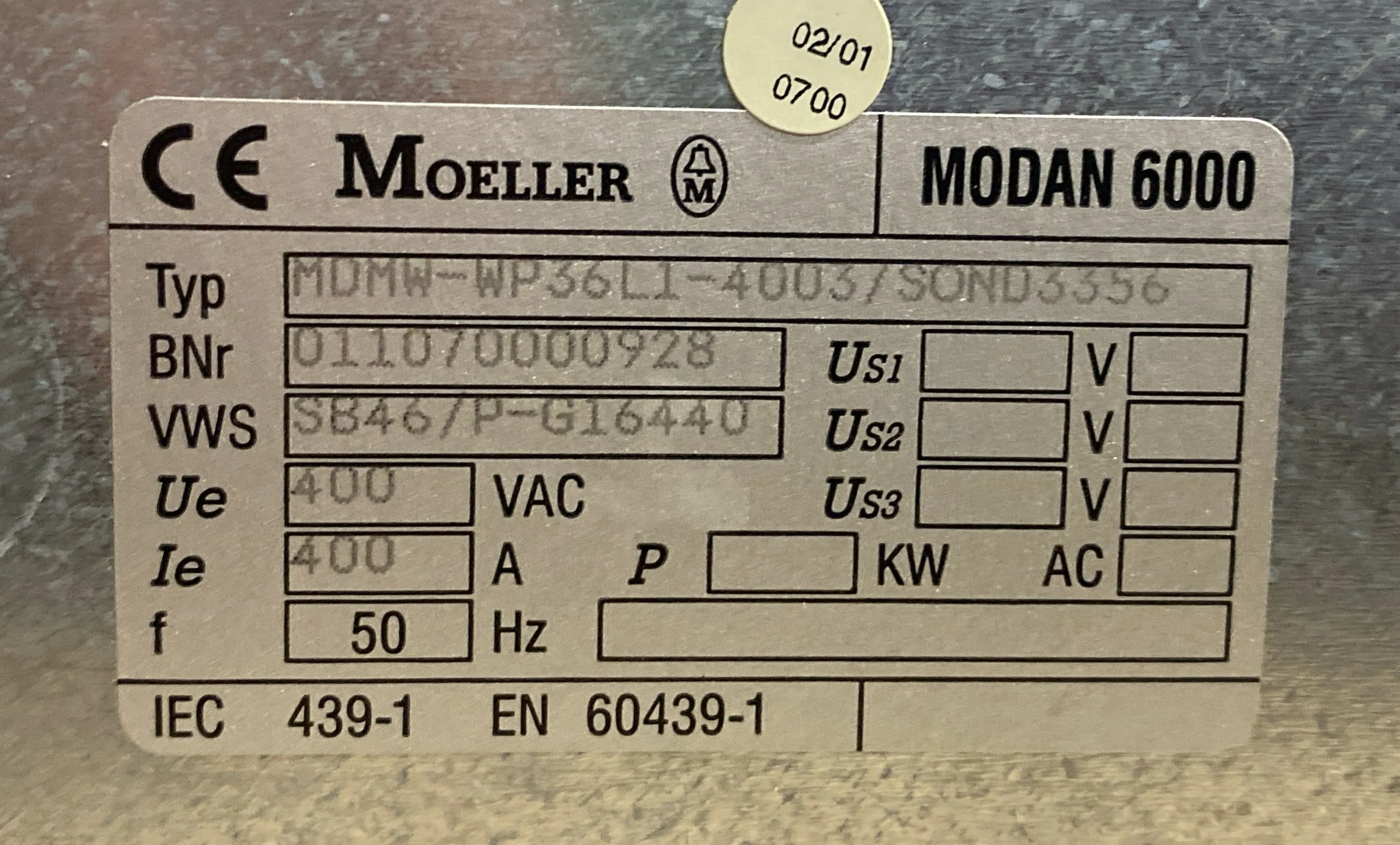Moeller MDMW-WP36L1-4003/SOND3356 Modan 6000 Power Box, 400VAC 400A