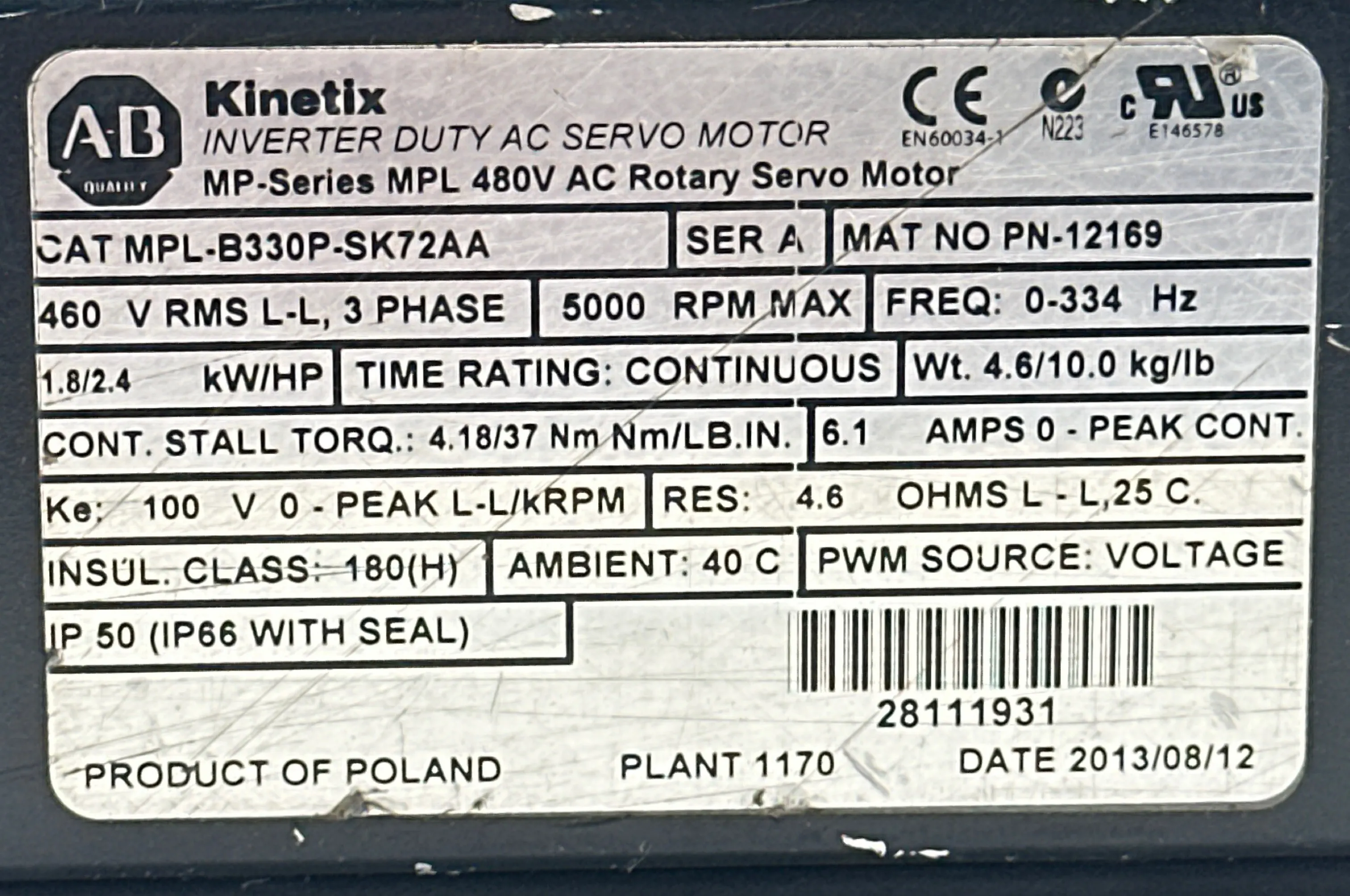 Allen-Bradley MPL-B330P-SK72AA SER.A AC Servo Motor 2.4HP